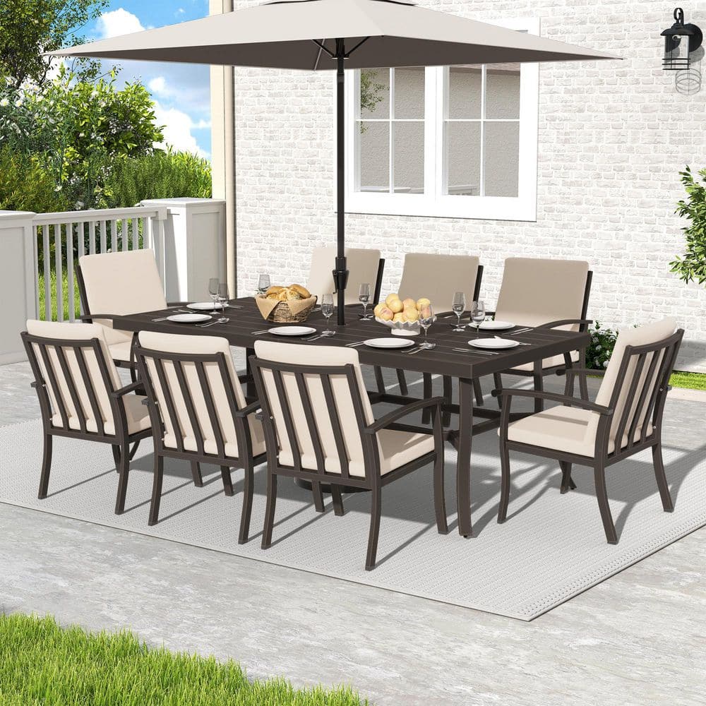 ChillPavilion Serenity Gardens 9-Piece Dark Brown Aluminum Outdoor ...