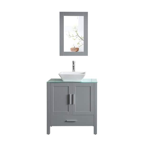 ACE DECOR 30 in. Single Cermaic Sink with Mirror, Freestanding Gray ...