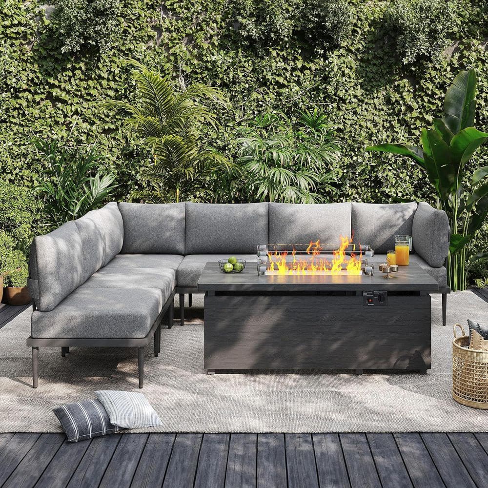 AURA OUTDOOR 7-Piece Metal Patio Conversation Set with 51in. Gray Fire ...
