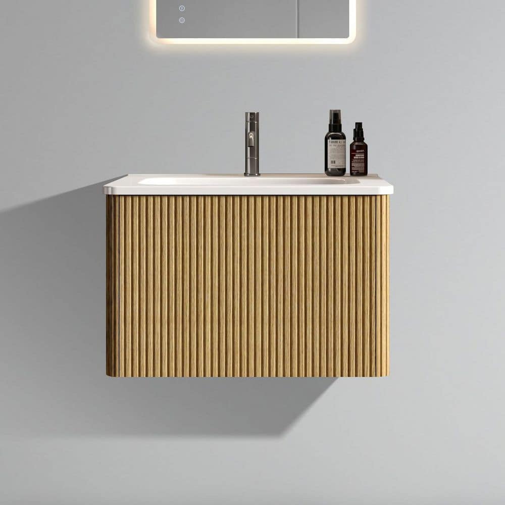 Ziyudura 24 in. Single Sink Floating Oak Bath Vanity with White Ceramic ...