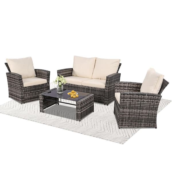 4-Piece Flower Gray Wicker Patio Conversation Set with Beige Cushions and Coffee Table for ...