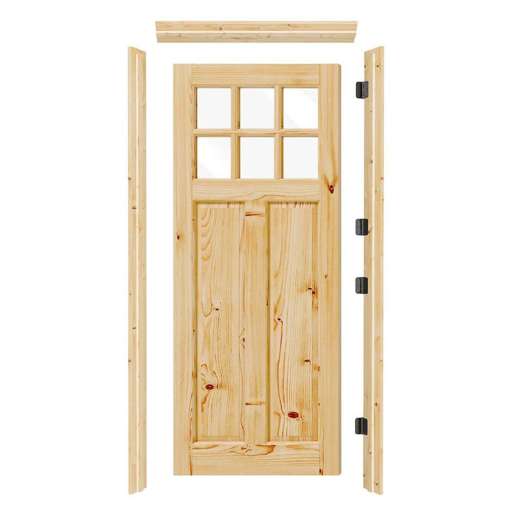 TENONER 30 in. x 80 in. 2-Panel 6-Lite Clear Glass Right-Hand Pine Wood ...