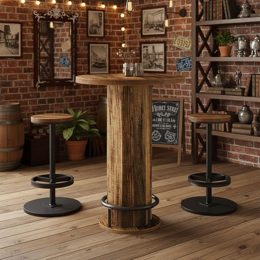BYBLIGHT Kearsten Rustic Brown 37.8 in. H 3 Piece Round Wood Bar Table ...