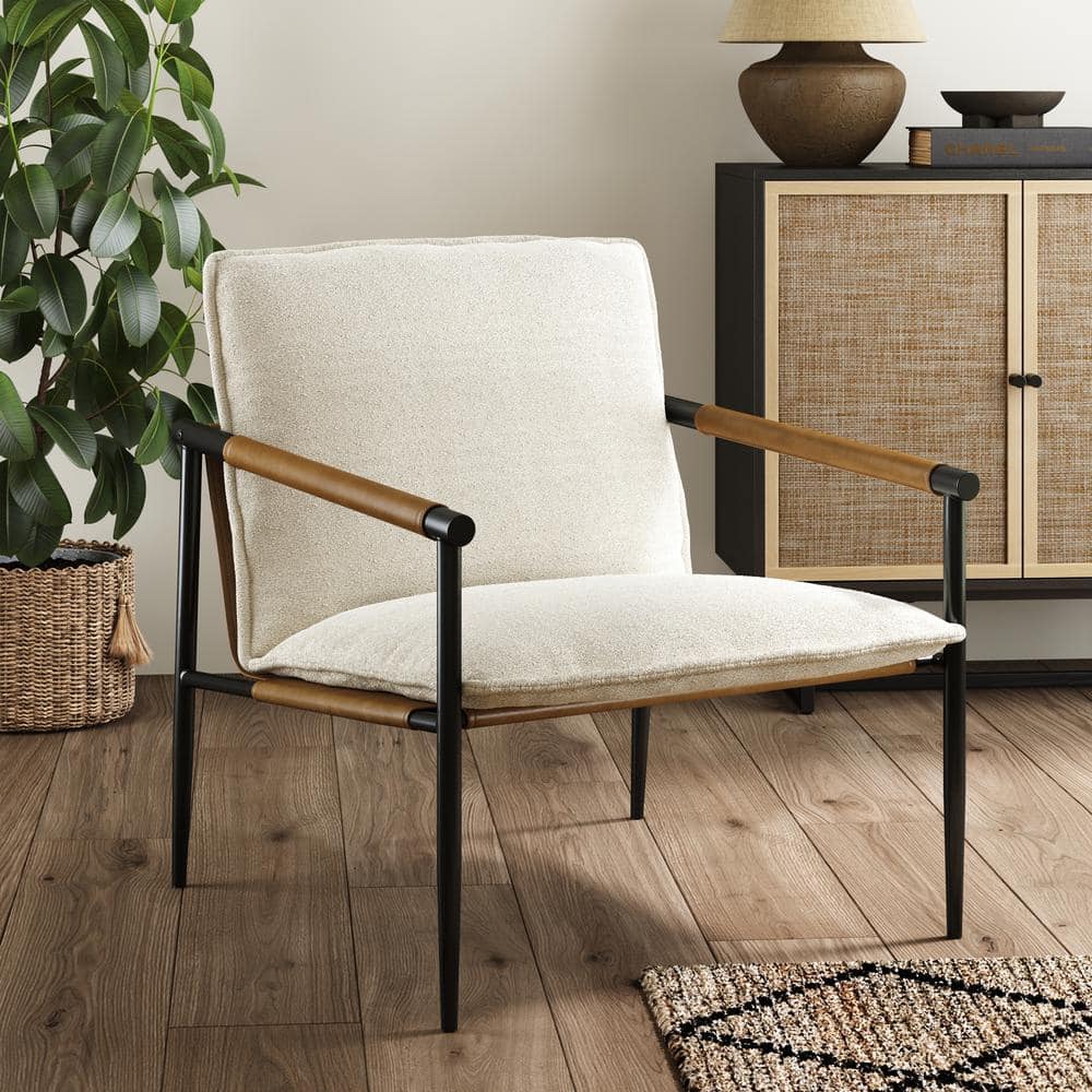 Nathan James Omel Cream Boucle Arm Chair w Matte Black Metal Frame Foam Cushion and Italian Berkshire Faux Leather Accent 24702 The Home Depot