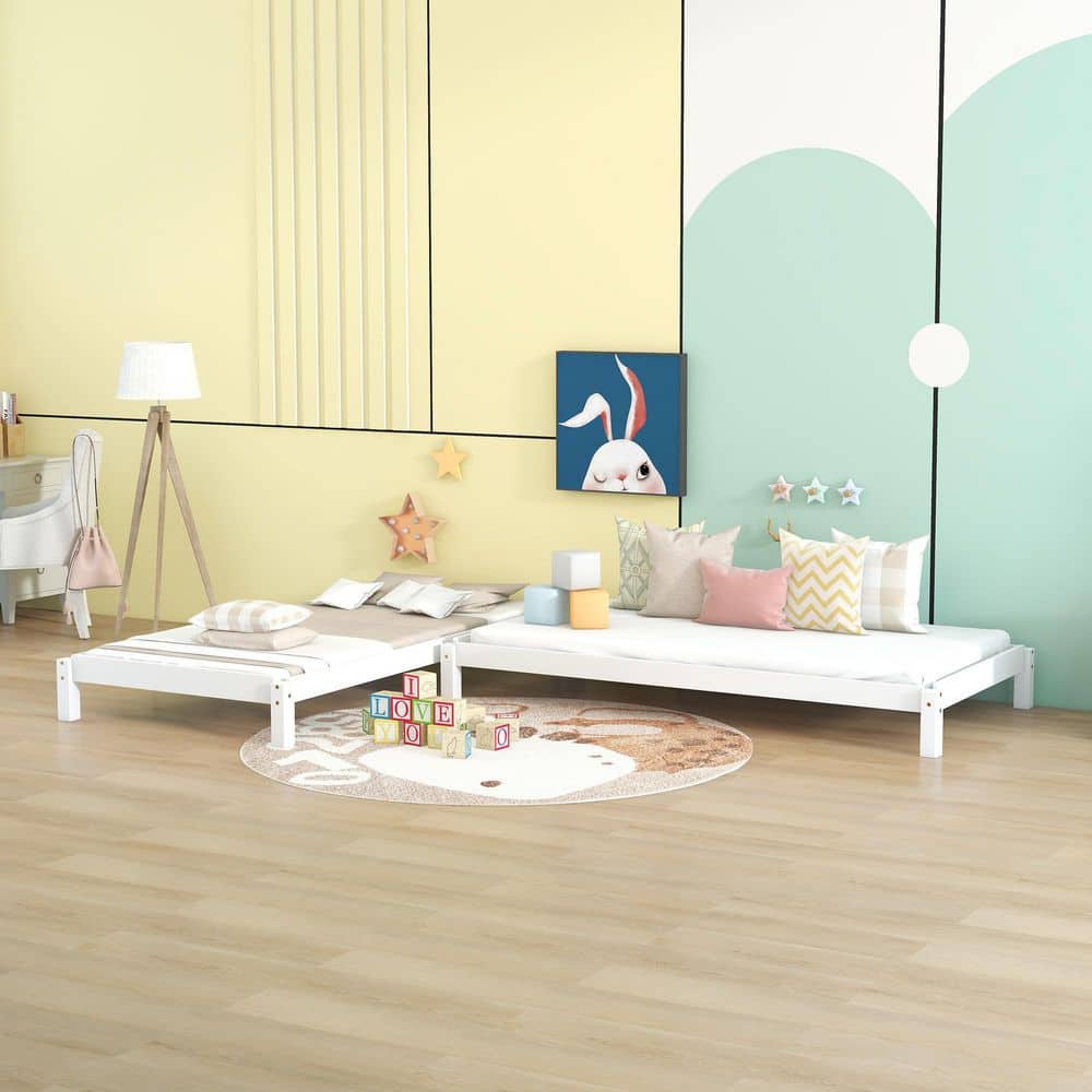 Angel Sar White Wood Frame Twin Platform Bed Set of 2, Stackable Guest ...