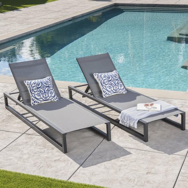 Metal 5-Level Adjustable 2-Piece Outdoor Chaise Lounge with Black Frame ...