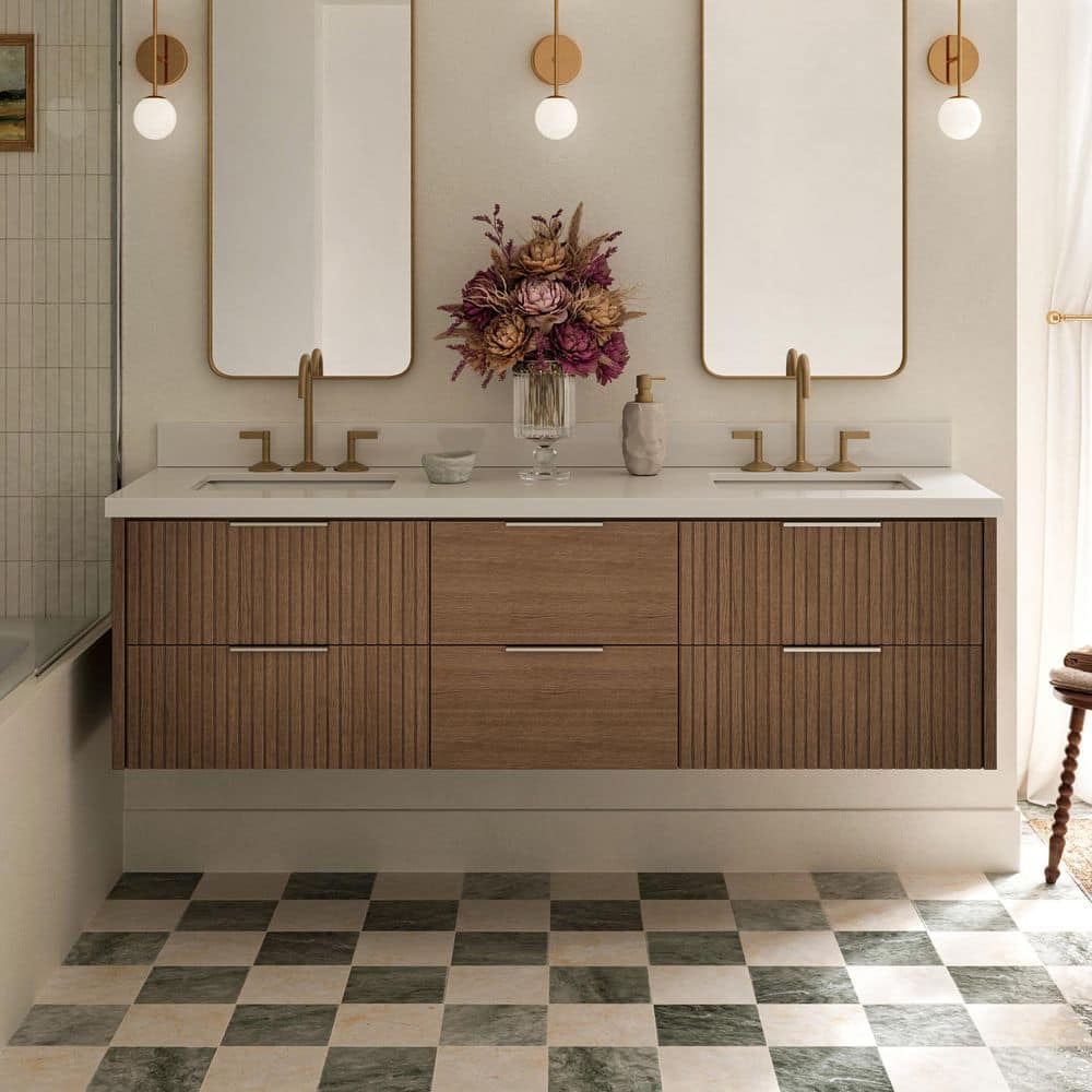 ARIEL Lucia 72 in. Double Sink Floating Bathroom Vanity in Brown Oak ...