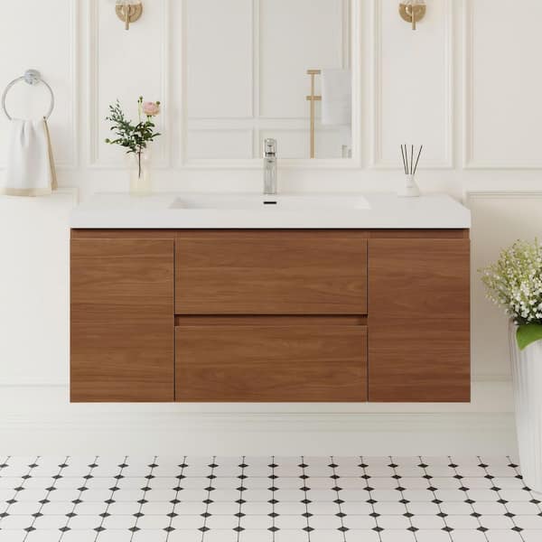 Ziyudura 48 in. Single Sink Floating Honey Gold Walnut Bath Vanity with ...