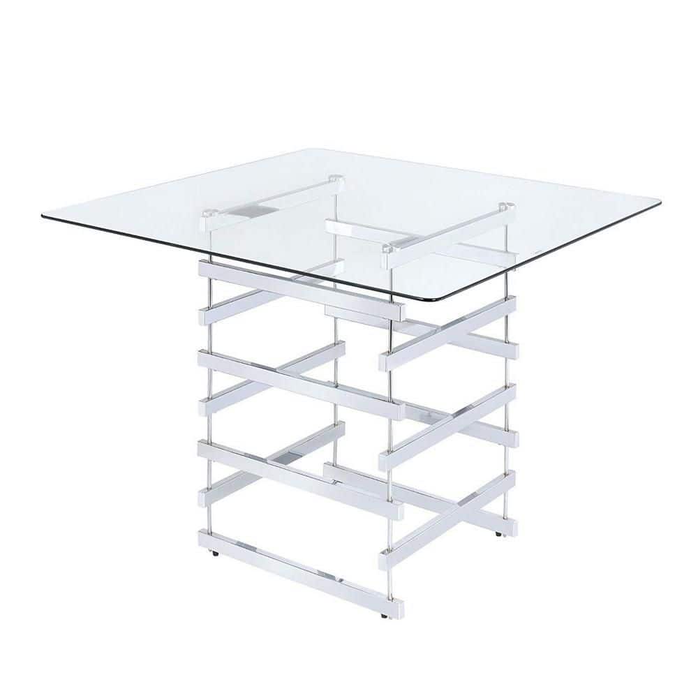 Benjara Clear Rectangular Glass Architectural Base 4 Legs Dining Table with Metal Architectural ...