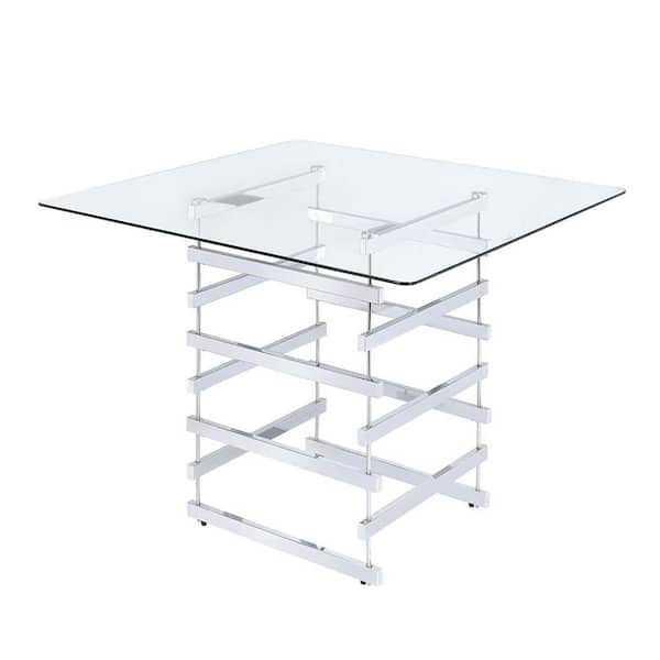 Benjara Clear Rectangular Glass Architectural Base 4 Legs Dining Table with Metal Architectural ...