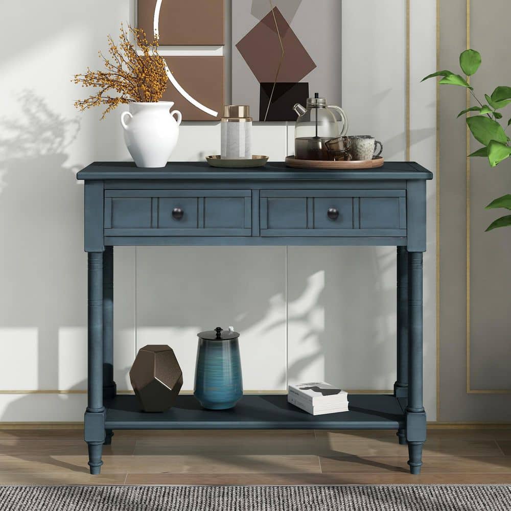 Harper & Bright Designs 35.34 in. Navy Blue Rectangle Wood Console ...