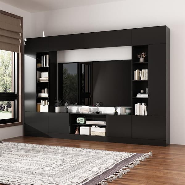 FUFU GAGA 4 Piece Black Wood Entertainment Center TV Console with Door Cabinets Bookshelves LED Lights for TVS Up to 75 in Mathis Home