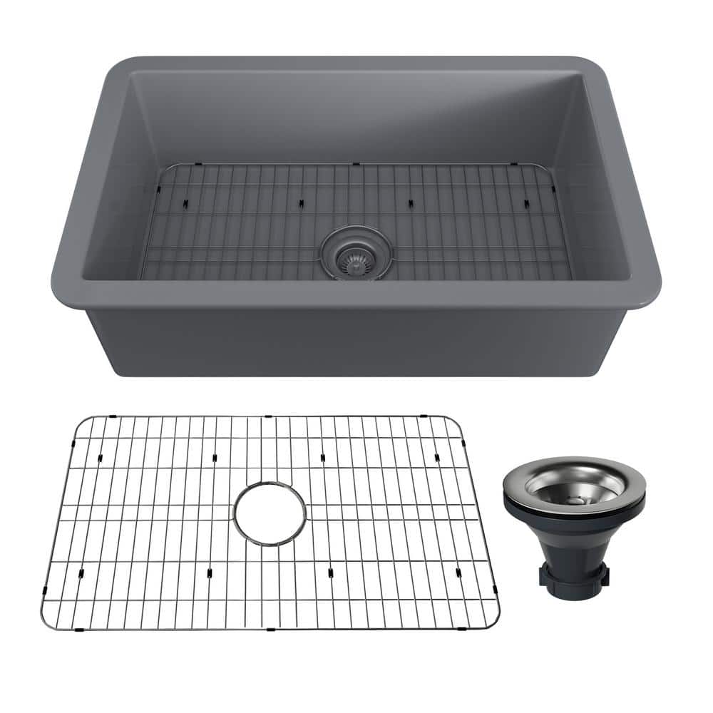 CASAINC Matte Gray Fireclay 32 in. Single Bowl Undermount Kitchen Sink ...