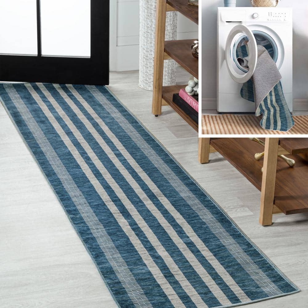JONATHAN Y Blue/Cream 2 ft. x 8 ft. Vichy Geometric Striped Machine ...