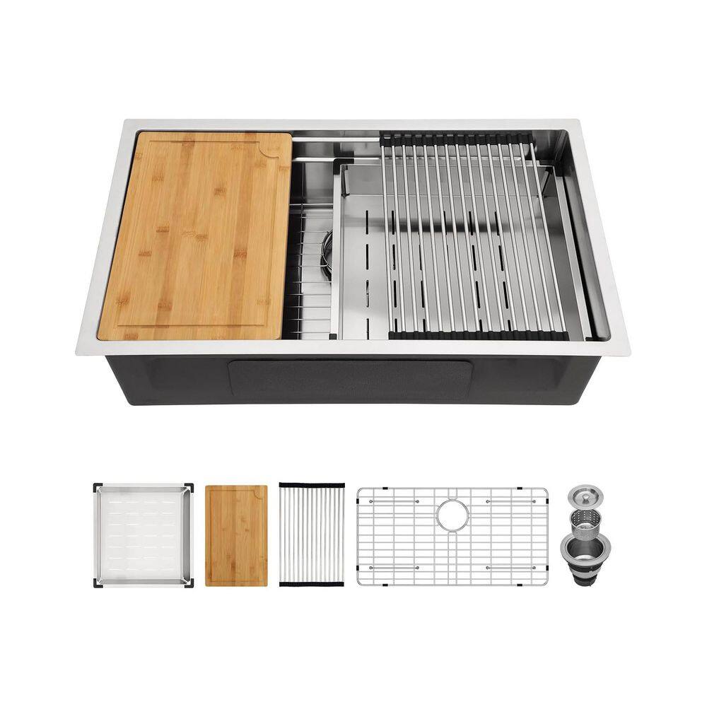 Logmey 33 in. Undermount Single Bowl 16 Gauge Brushed Stainless Steel ...