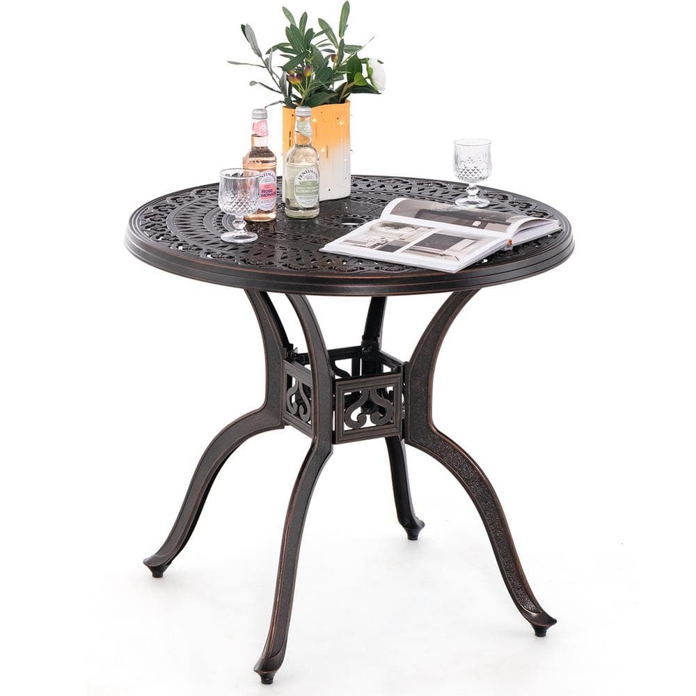 Costway 31.5 in. Round Metal Outdoor Dining Table with 2" Umbrella Hole ...
