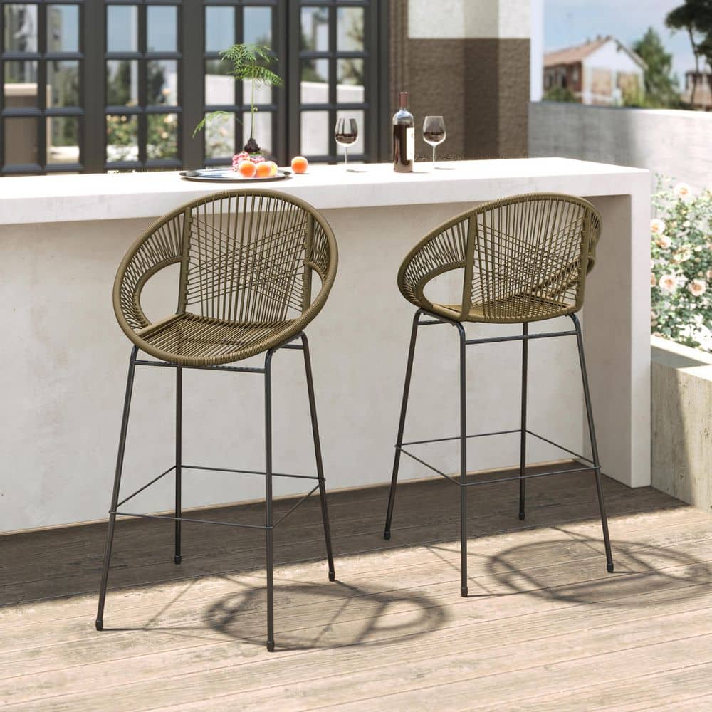 2-PC Brown Metal & Plastic Outdoor Bar Stools with PE Wicker, Ergonomic ...