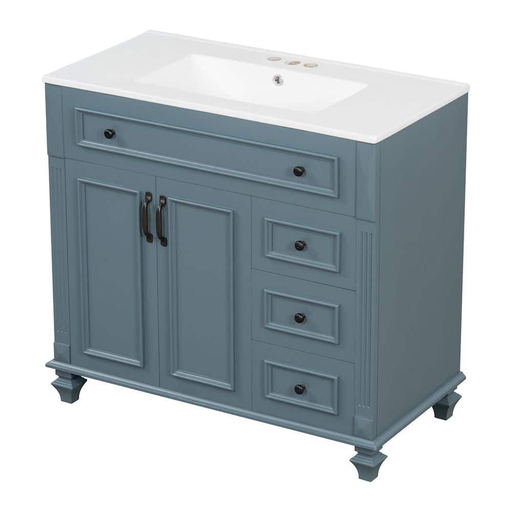 Modland Baye 36 in. W Freestanding Blue Grey Bath Vanity with White ...