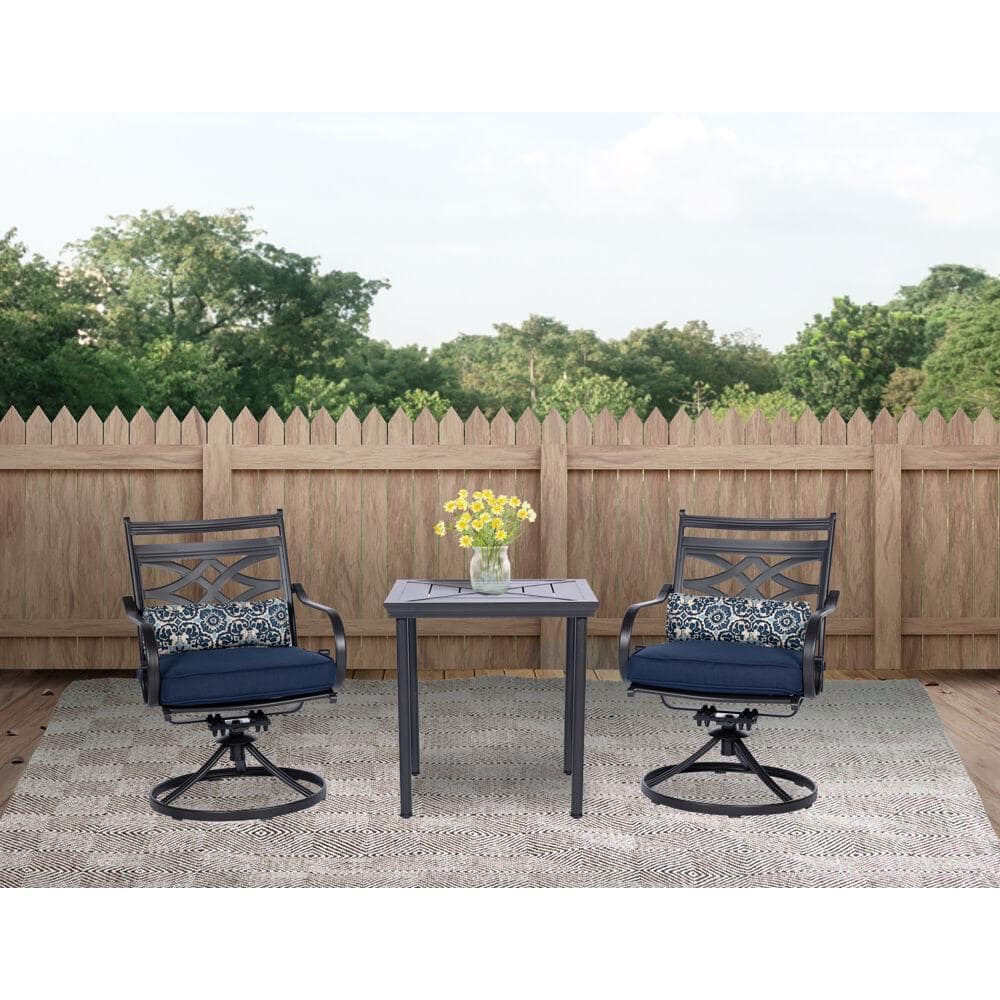 Hanover Montclair 3-Piece Steel Outdoor Bistro Set with Navy Blue ...