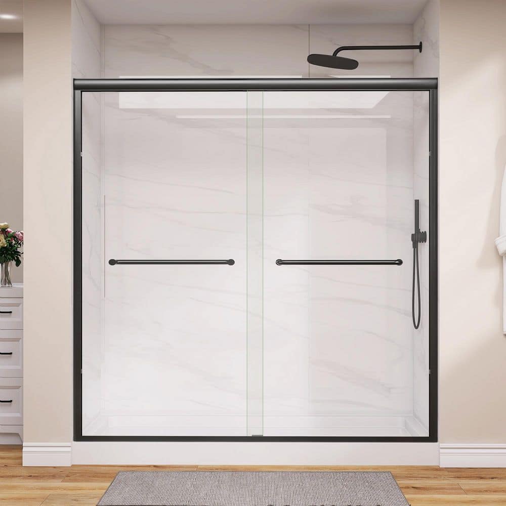 Zeafive 68 to 72 in. W x 72 in. H Double Sliding Shower Door in Matte Black Framed Bypass Alcove ...