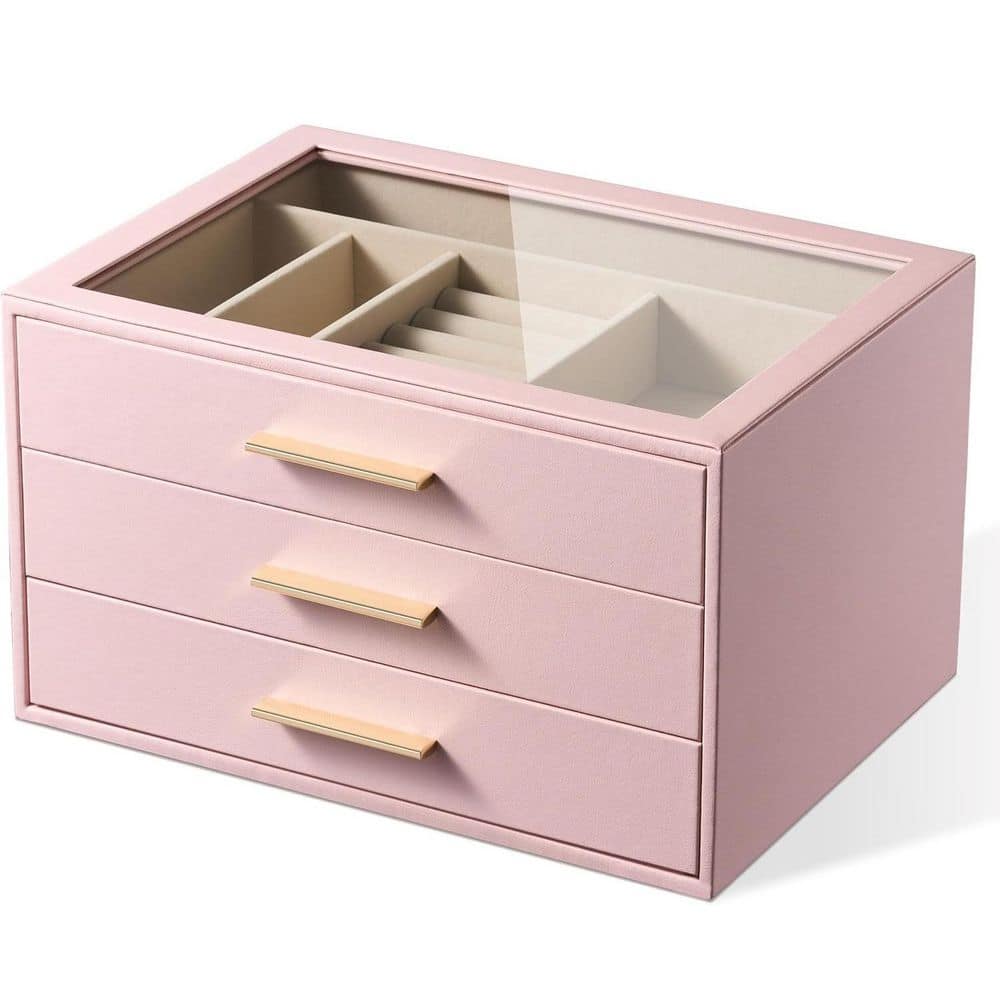 3-Layer Pink Jewelry Box Organizer with Glass Display for Women UM4813 ...