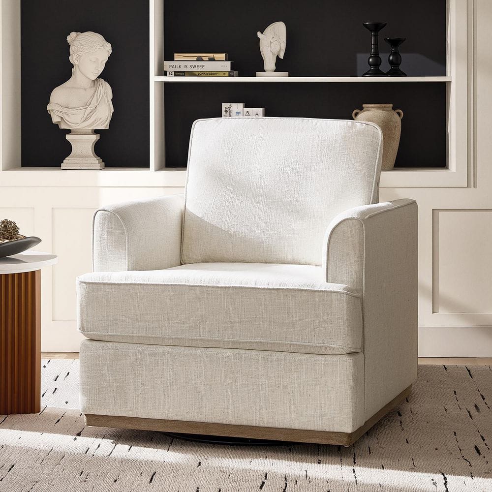 JAYDEN CREATION Edith Beige Polyester Swivel Armchair with Solid Wood Base Frame CHJK1511-BGE ...