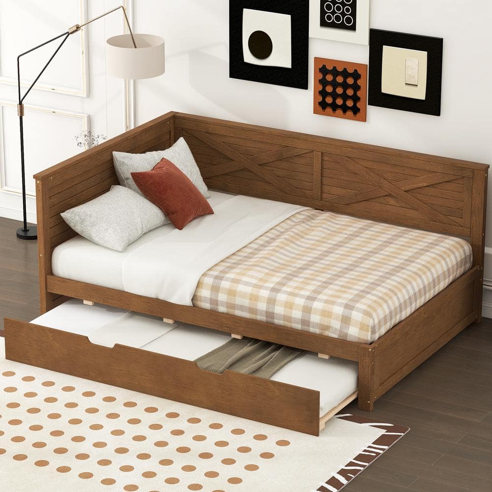 Nestfair Brown Twin Size Wood Daybed with Trundle and Rustic Guardrail ...