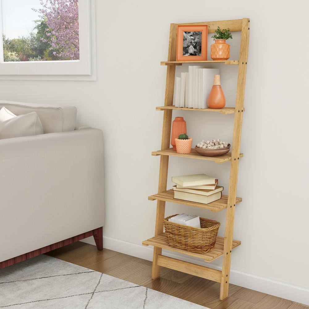 Lavish Home 50 in. Natural Wood 5-Shelf Narrow Leaning Ladder Bookcase ...