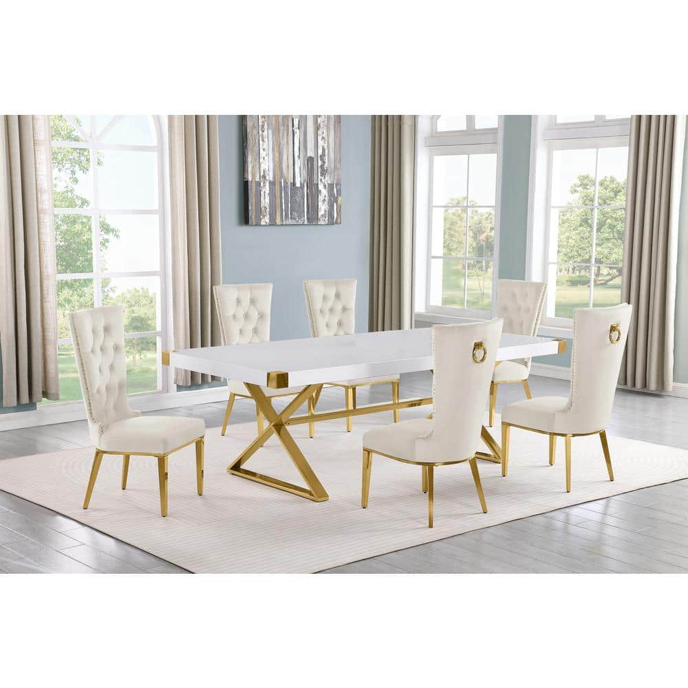 Best Quality Furniture Miguel 7-Piece Rectangle White Wood Top Gold ...