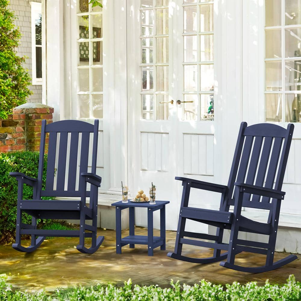 LUE BONA Navy Blue Plastic Adirondack Outdoor Rocking Chair with High ...