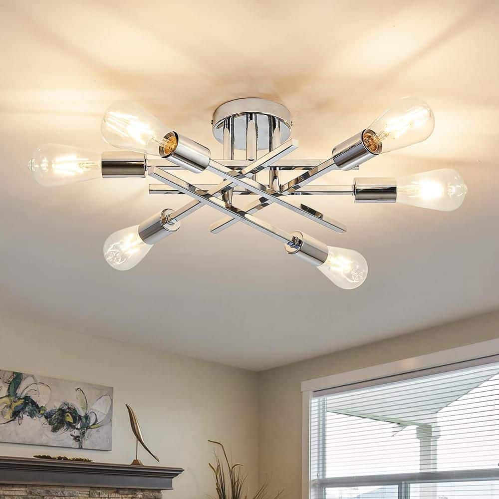 17 in. 6-Light Silver Vintage Ceiling Light Fixture Flush Mount with No ...