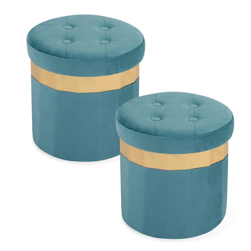 Blue Velvet Round Ottoman Pouf with Gold Trim, Soft Padded Upholstery ...