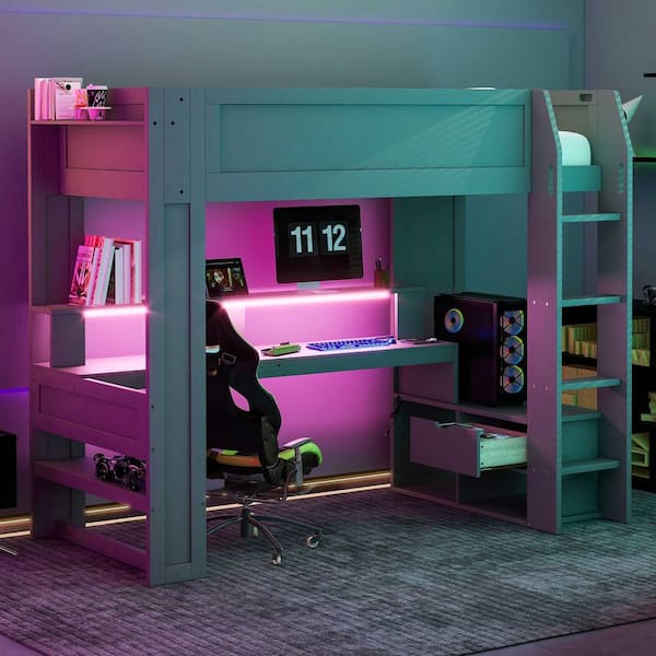 Qualler Dark Gray Twin Gaming Loft Bed with Desk, LED Strip and ...