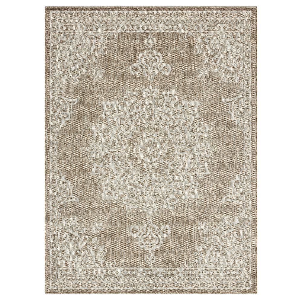 Nicole Miller Patio Country Azalea Taupe/Ivory 8 ft. x 10 ft. Medallion ...