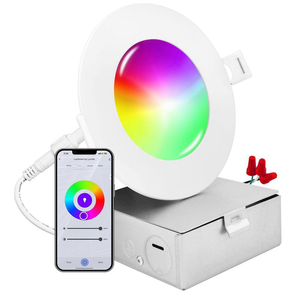 LUXRITE 4 in. Smart Round Integrated LED Recessed Light RGBW Color Changing WiFi Compatible with ...