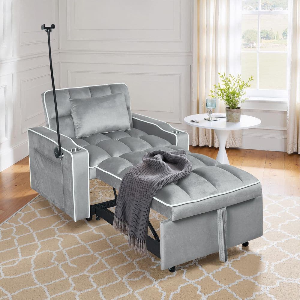 WONDER COMFORT 3-in-1 Convertible Chair Bed 37 in. W. Light Gray Suede ...