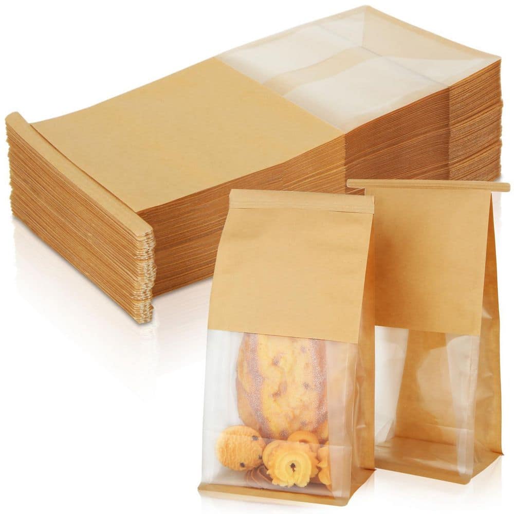 Wudkey Brown Kraft Bakery Bags with Window, Tin Tie Tab Lock, Stand-Up ...