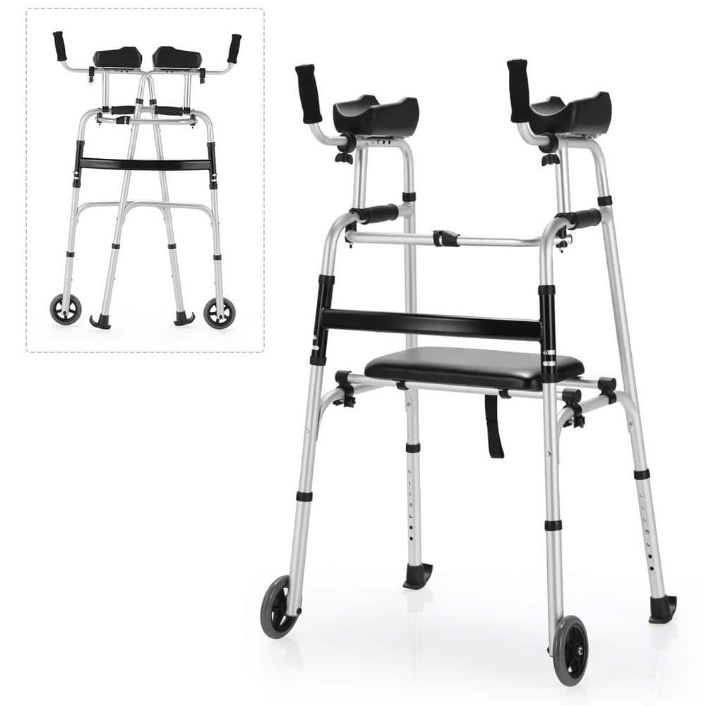 Costway Foldable Aluminum Alloy Walker Wheel Walking Frame W/Seat and ...