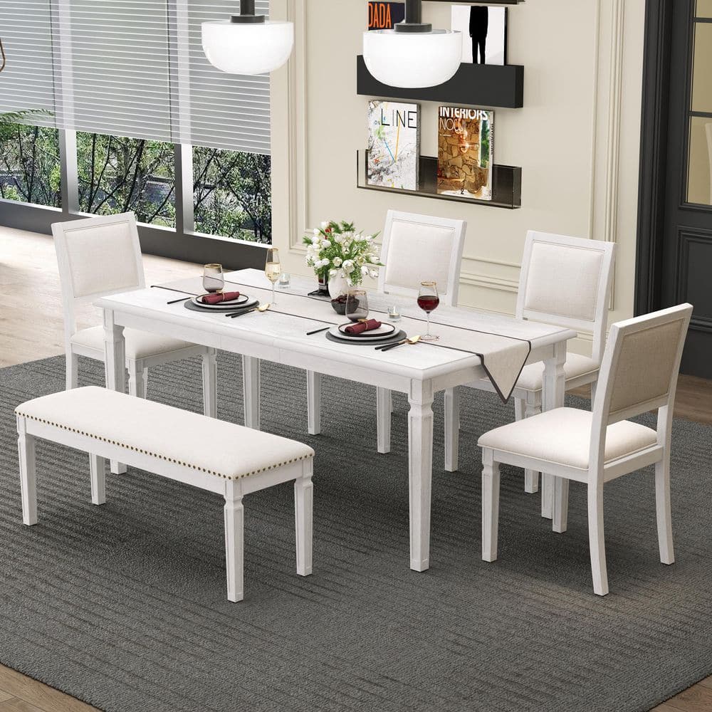 JEAREY Vintage 6-Person Extendable Dining Set, White Washed JN82-W ...