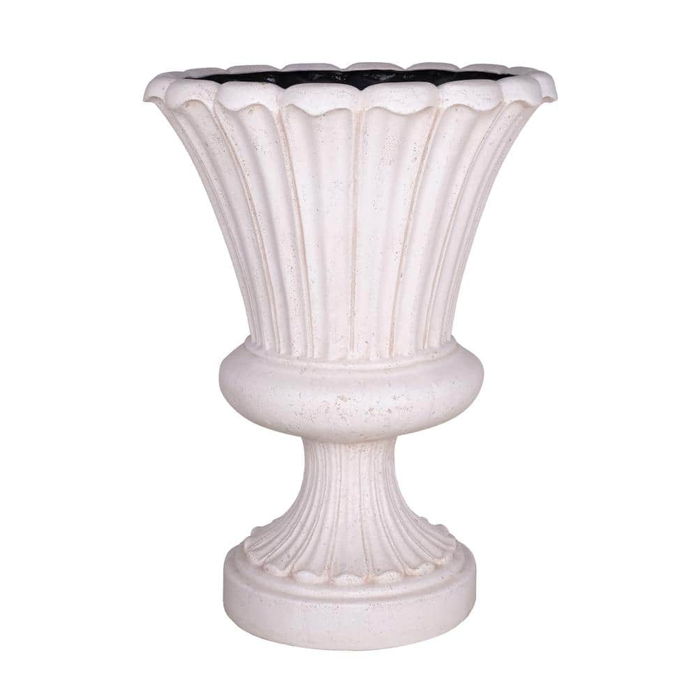 MPG 29 in. H Cast Stone Fiberglass Long Leaf Urn in Light Aged White ...