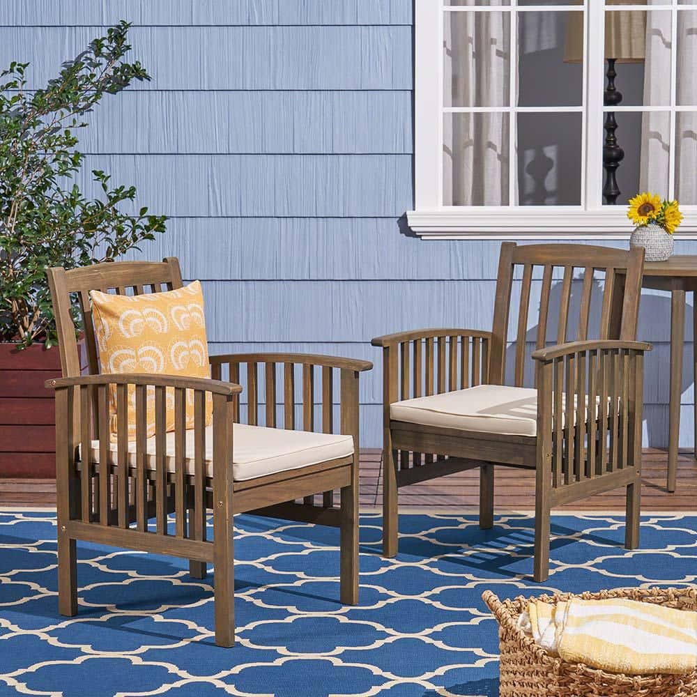 wayofatry 2-Pieces Outdoor Wood Dining Chairs in Gray with Beige ...