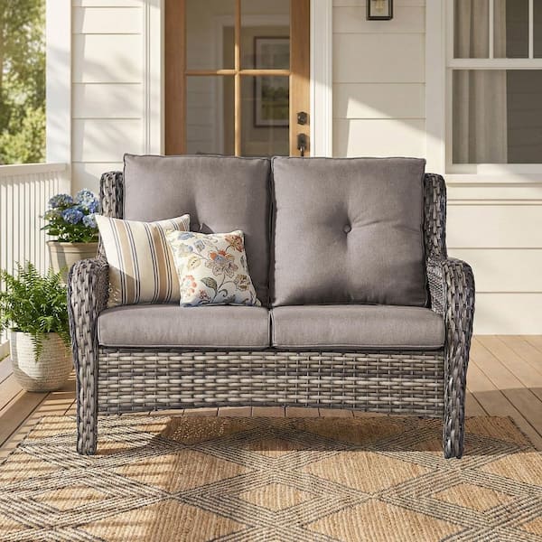 Gymojoy Carolina Gray Wicker Outdoor Loveseat with CushionGuard Gray ...