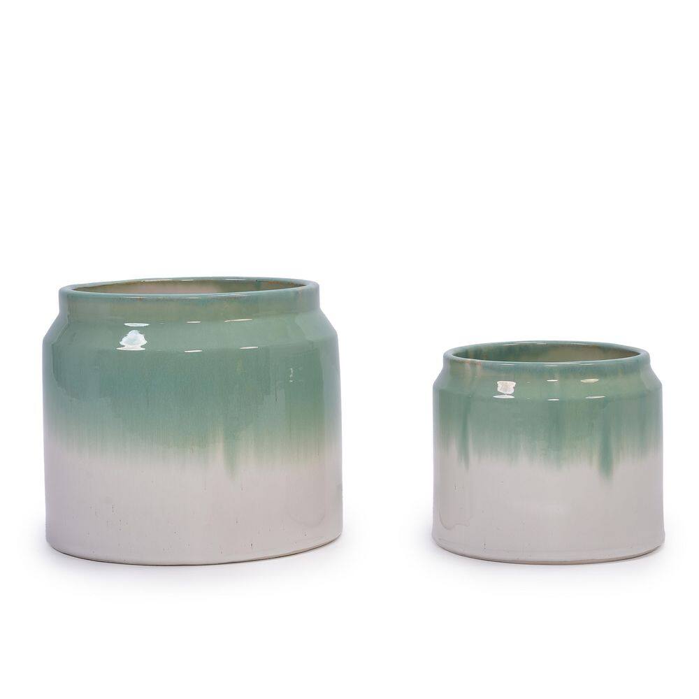2-Piece 7.28 in. White and Green Gradient Ceramic Flowerpot, Modern ...