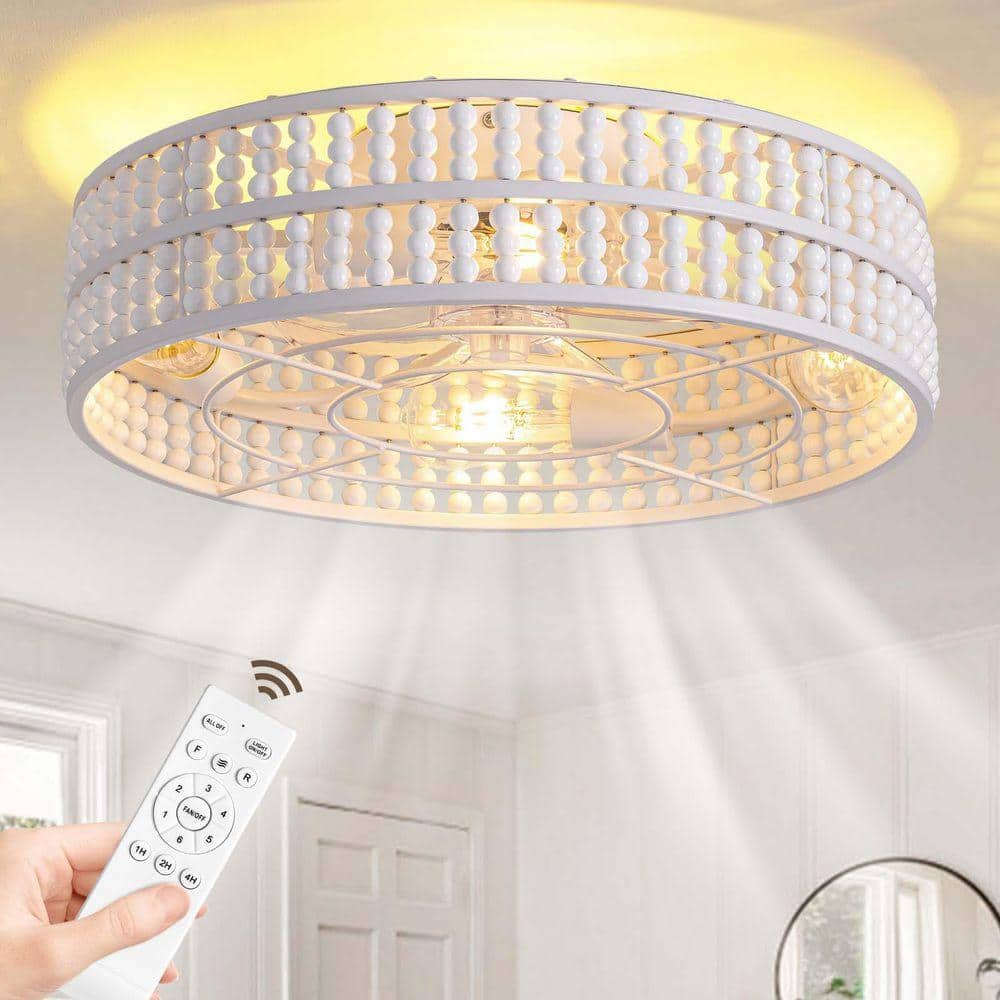 Pacific Core 20 in. Indoor Boho White Wood Beaded Caged 5 Blades Flush ...