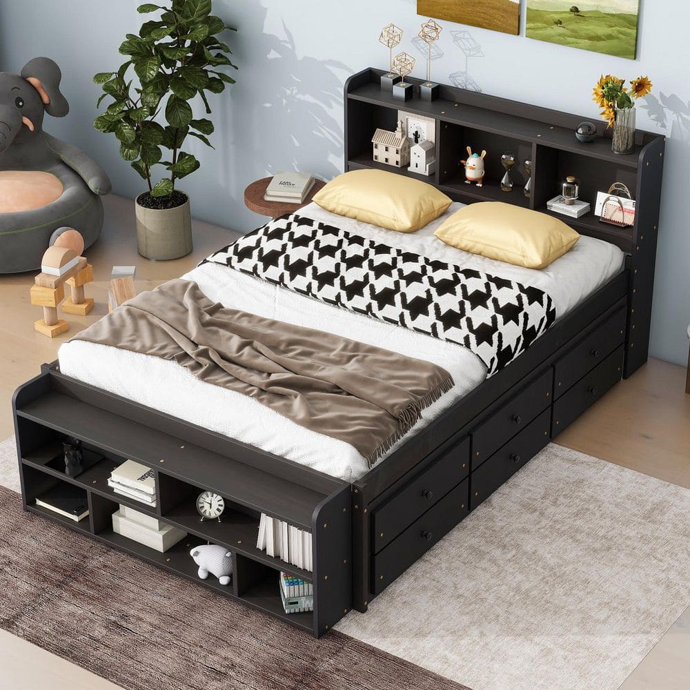 Qualler Espresso Brown Wood Frame Full Size Platform Bed with Bookcase ...