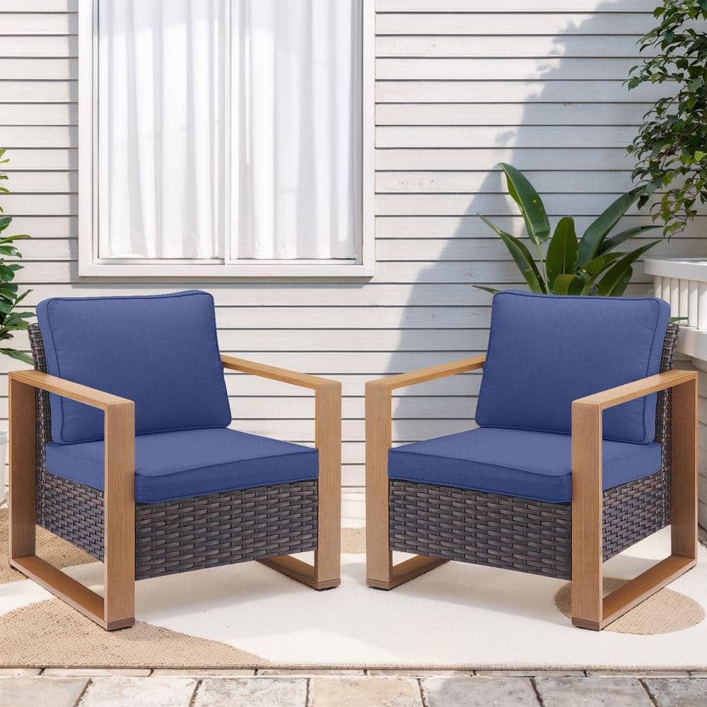 Opohoro MetalWood Metal and Brown Wicker Outdoor Lounge Chair with ...