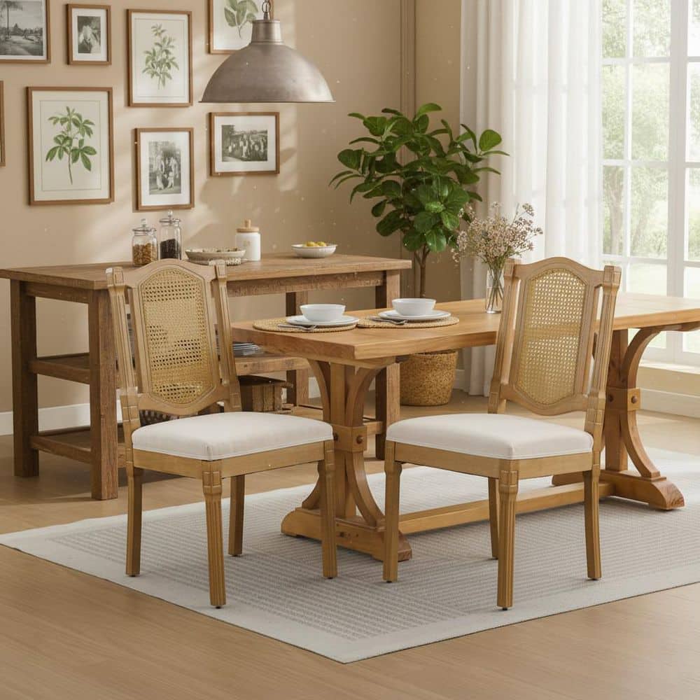 Homy Casa CCBD Solid Wood Cane-Back Linen Upholstered Dining Chair Set ...