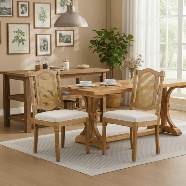 Homy Casa CCBD Solid Wood Cane-Back Linen Upholstered Dining Chair Set ...
