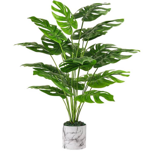Afoxsos 13.77" H Emerald Green Artificial Monstera Plant in White Striped Pot HDSA10OT603 - The ...
