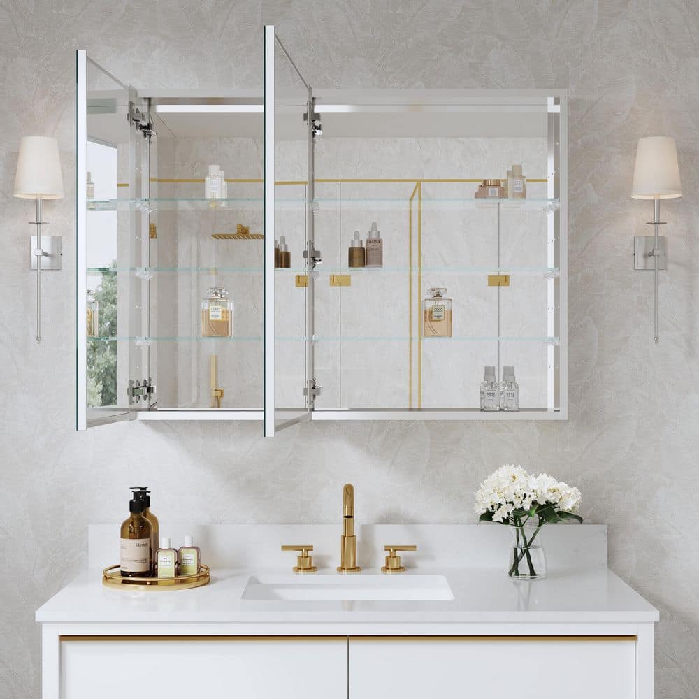 WELLFOR ROSA 40.1 in. W x 30 in. H Rectangular Aluminum Tri-View Medicine Cabinet with Mirror ...